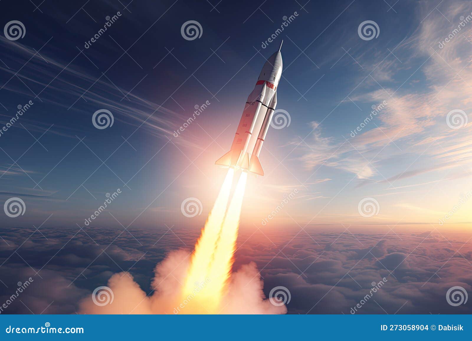 Rocket Launch From Cosmodrome Fight Of Space Rocket In Blue Sky Space