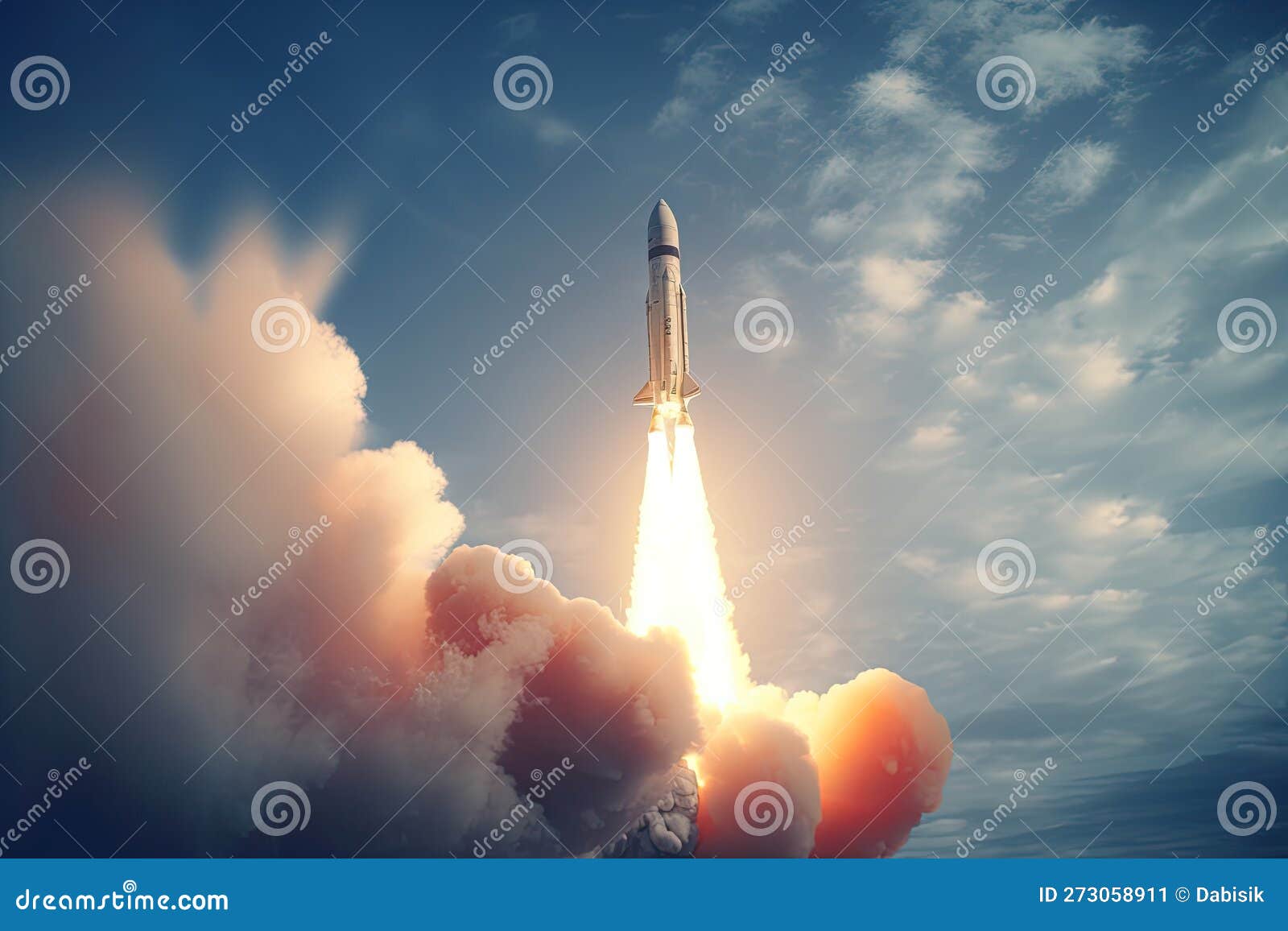 Rocket Launch From Cosmodrome Fight Of Space Rocket In Blue Sky Space