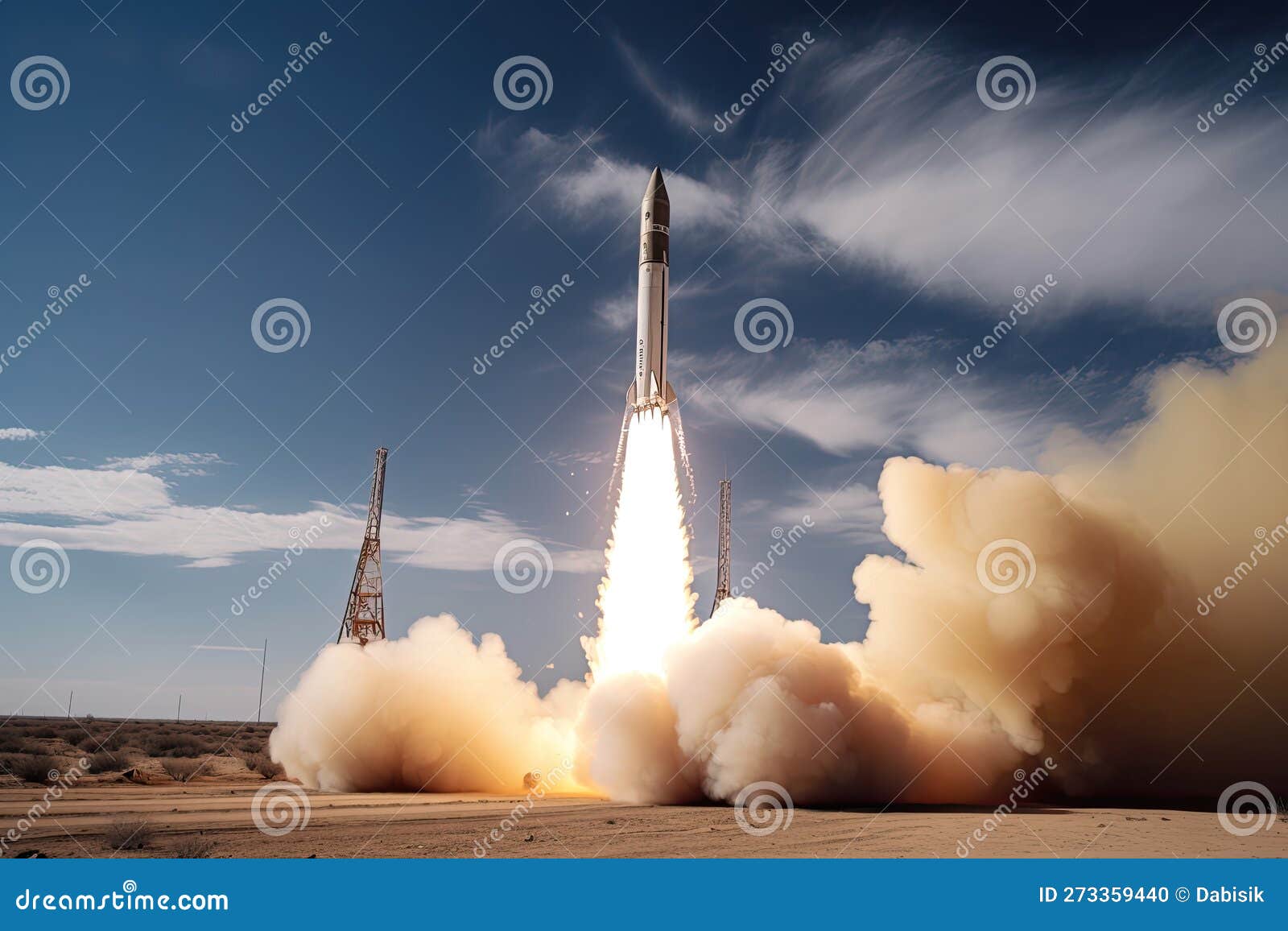 Rocket Launch From Cosmodrome Fight Of Space Rocket In Blue Sky Space