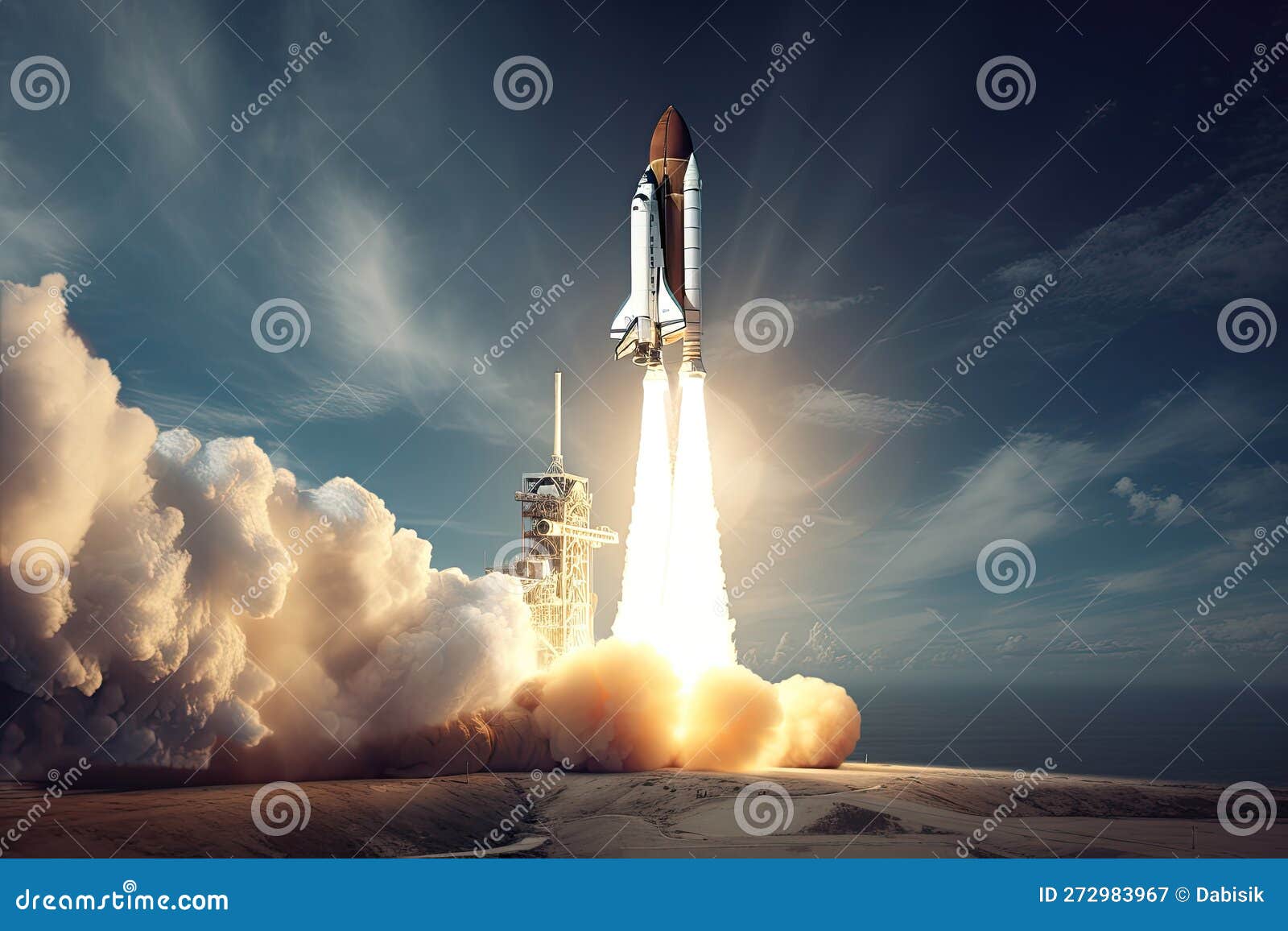 Rocket Launch From Cosmodrome Fight Of Space Rocket In Blue Sky Space
