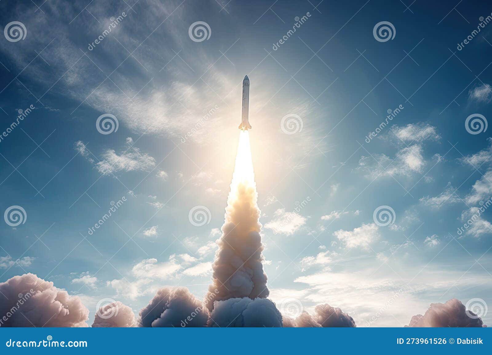 Rocket Launch From Cosmodrome Fight Of Space Rocket In Blue Sky Space
