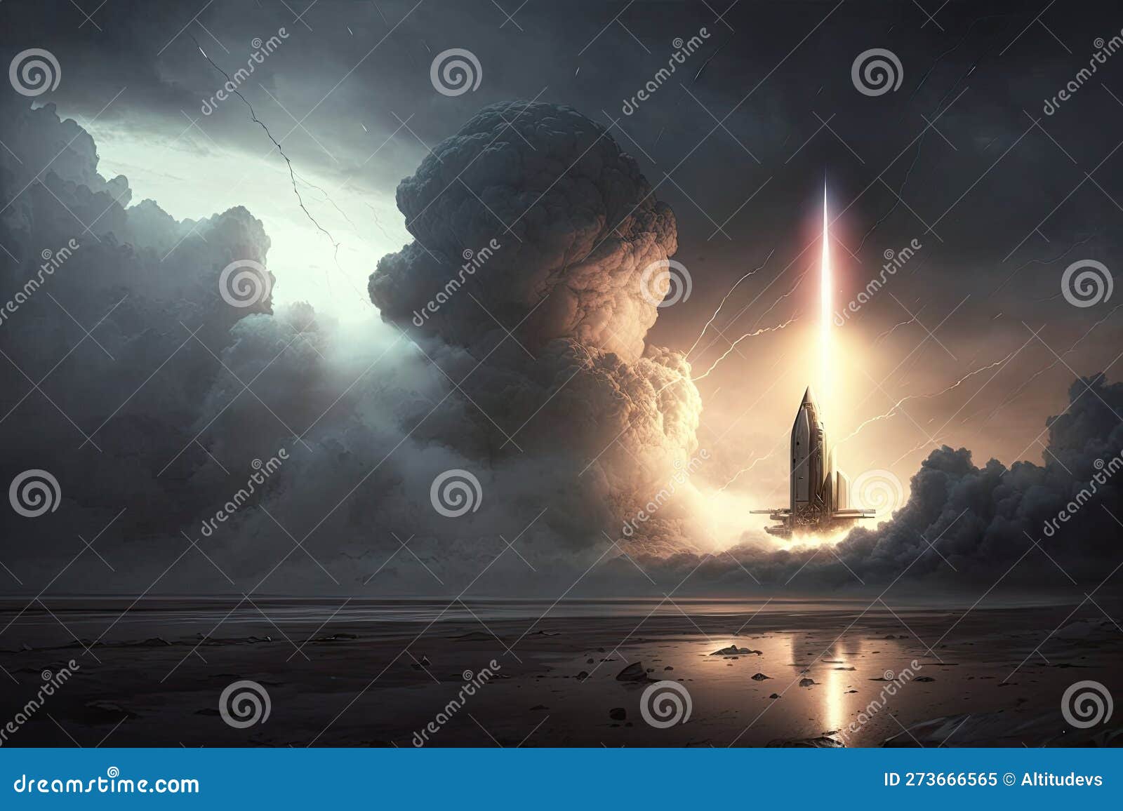 Rocket Launch in Dense, Stormy Atmosphere with Lightning and Thunder ...