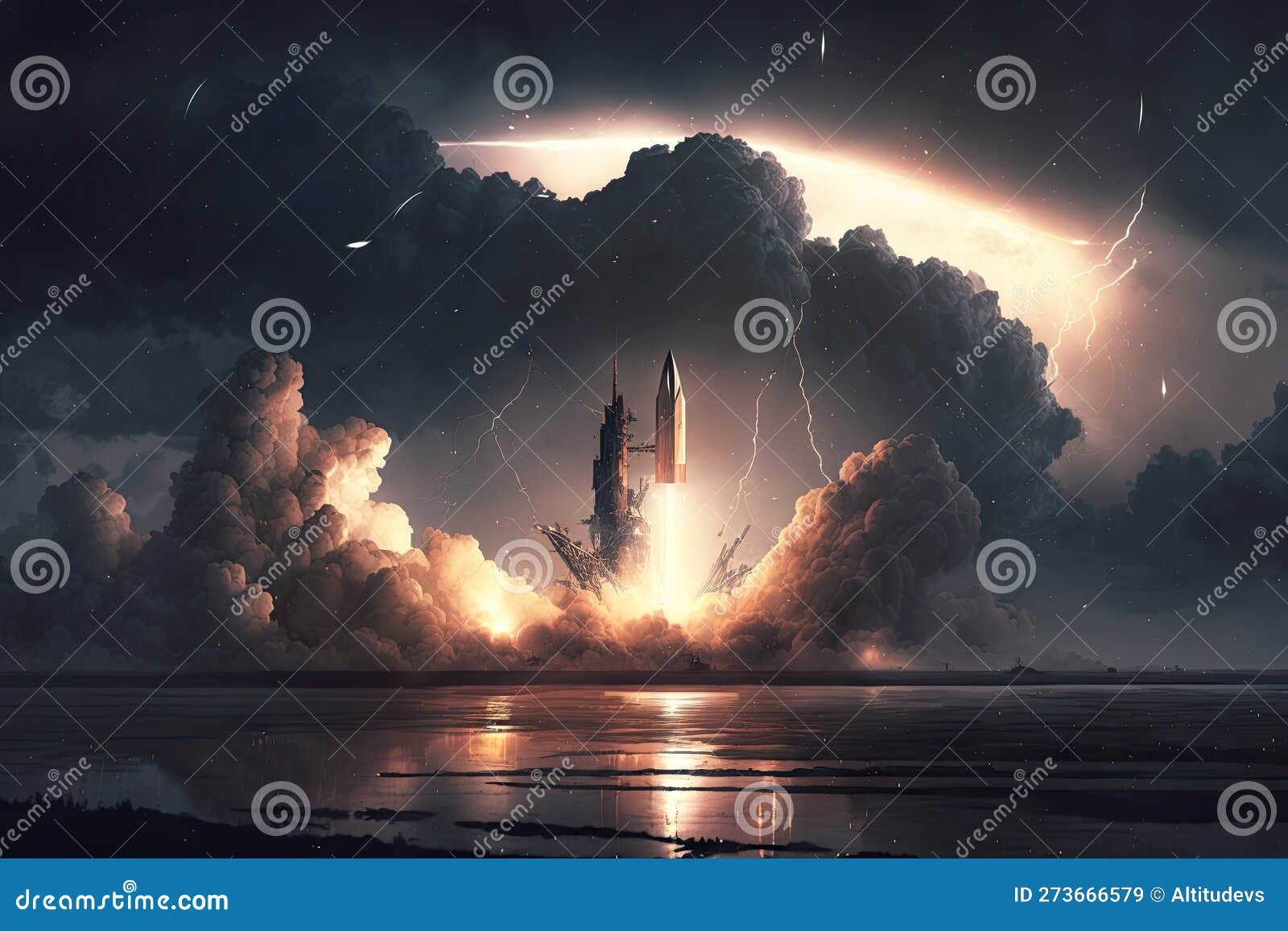 Rocket Launch in Dense, Stormy Atmosphere with Lightning and Thunder ...