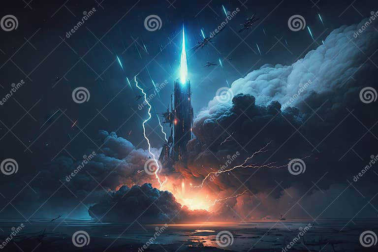 Rocket Launch in Dense, Stormy Atmosphere with Lightning and Thunder ...