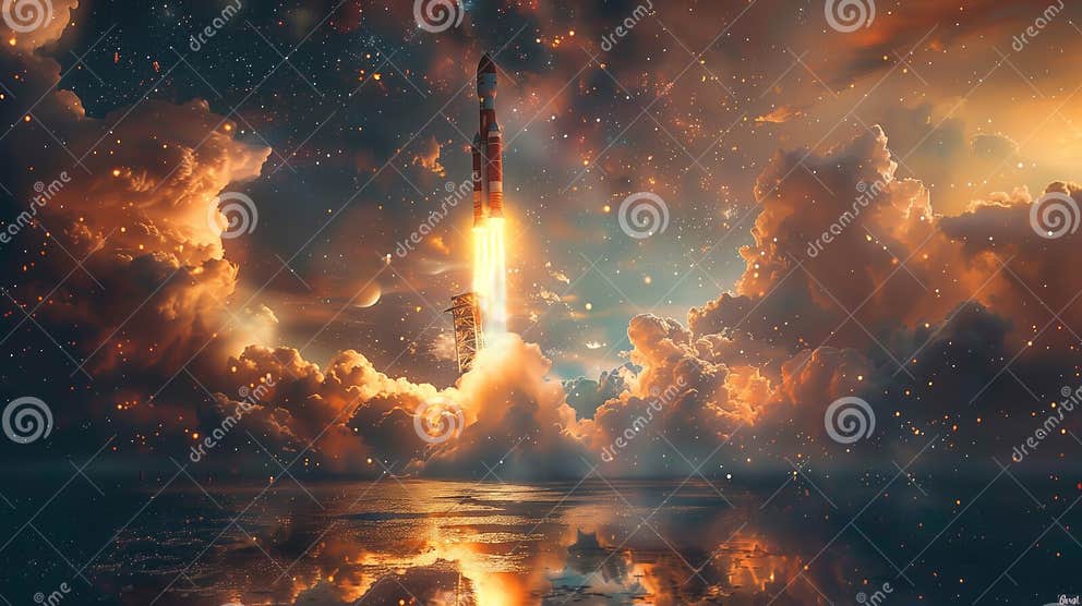 Rocket Launch through Dramatic Clouds during Sunset Stock Photo - Image ...