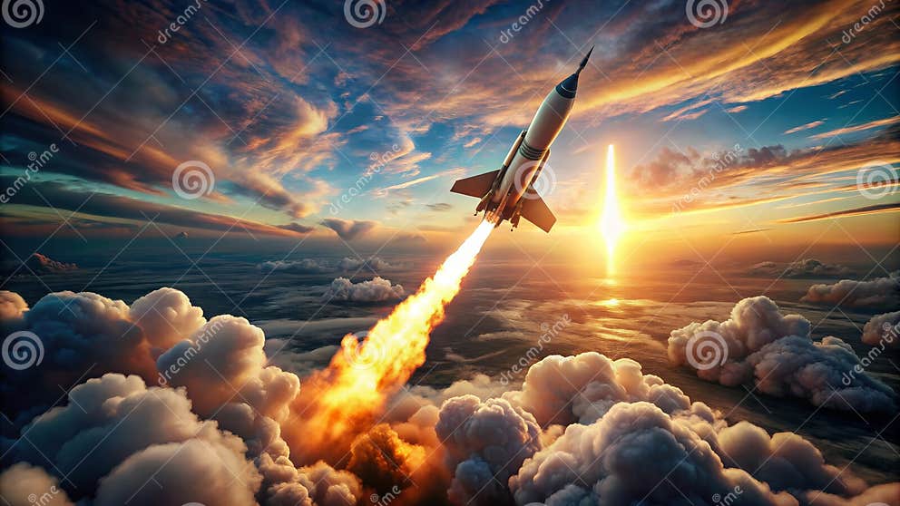 Rocket Launch through Dramatic Sunset Clouds, Digital Art, Rocket ...