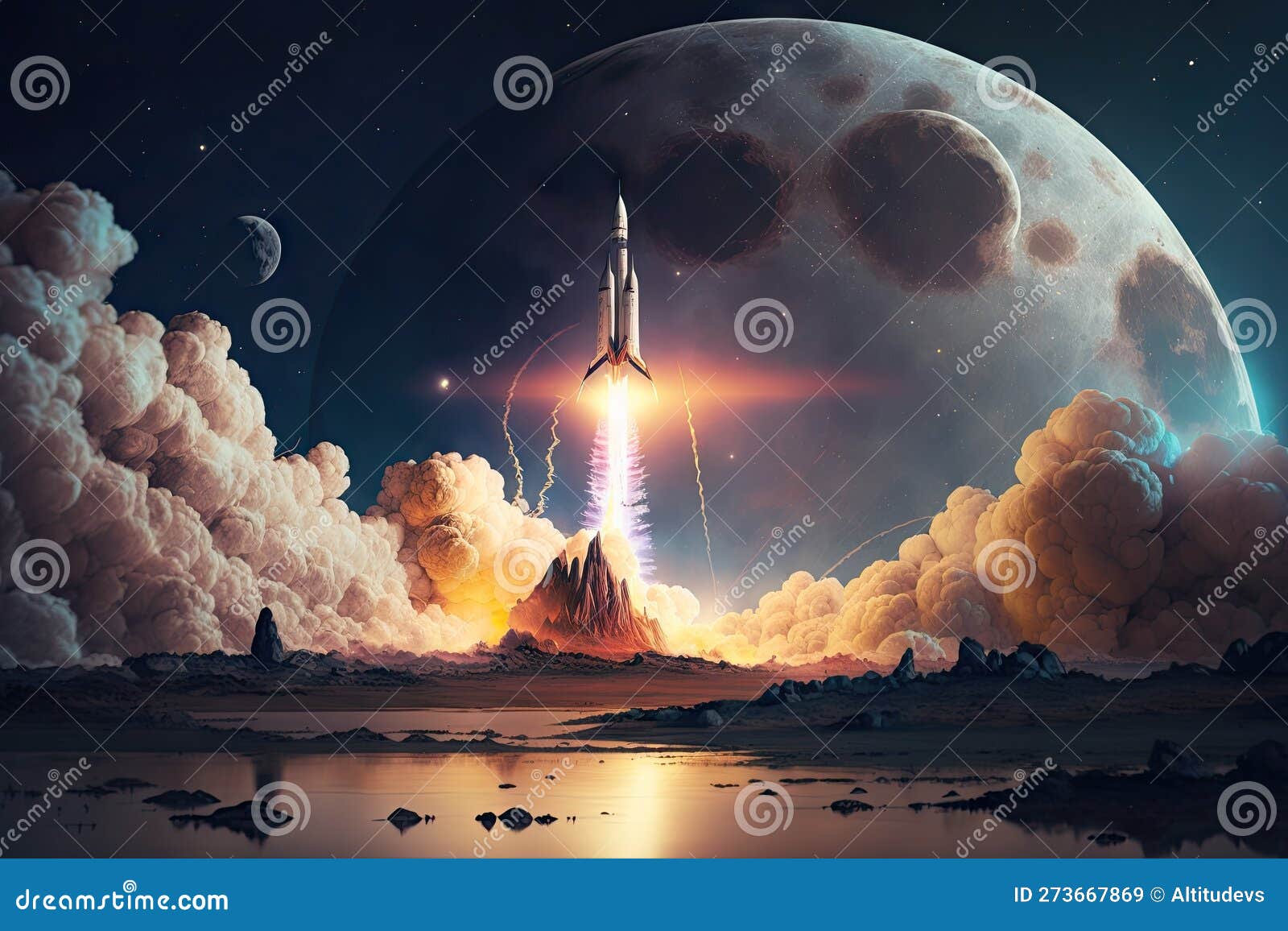 Rocket Launch, with Dramatic View of the Moon in the Background Stock ...