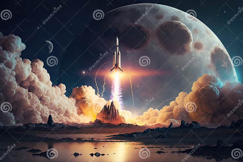 Rocket Launch, with Dramatic View of the Moon in the Background Stock ...