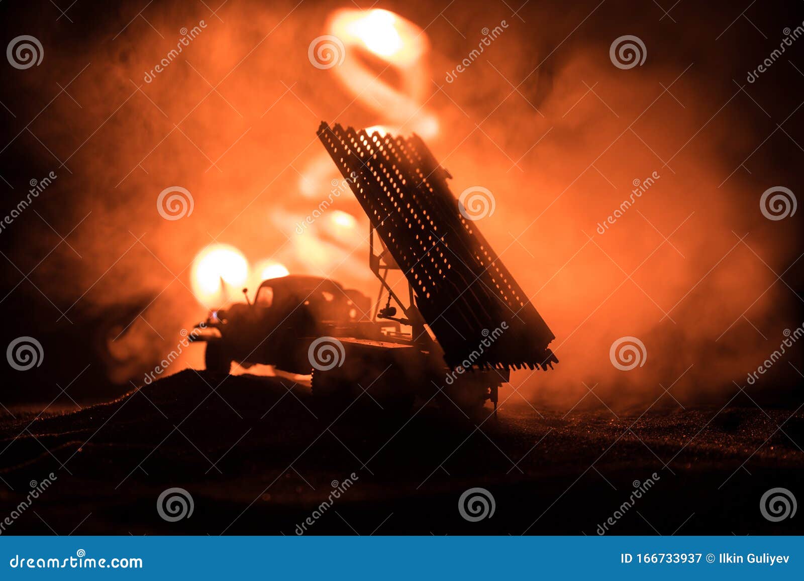 Rocket Launch with Fire Clouds. Battle Scene with Rocket Missiles with ...