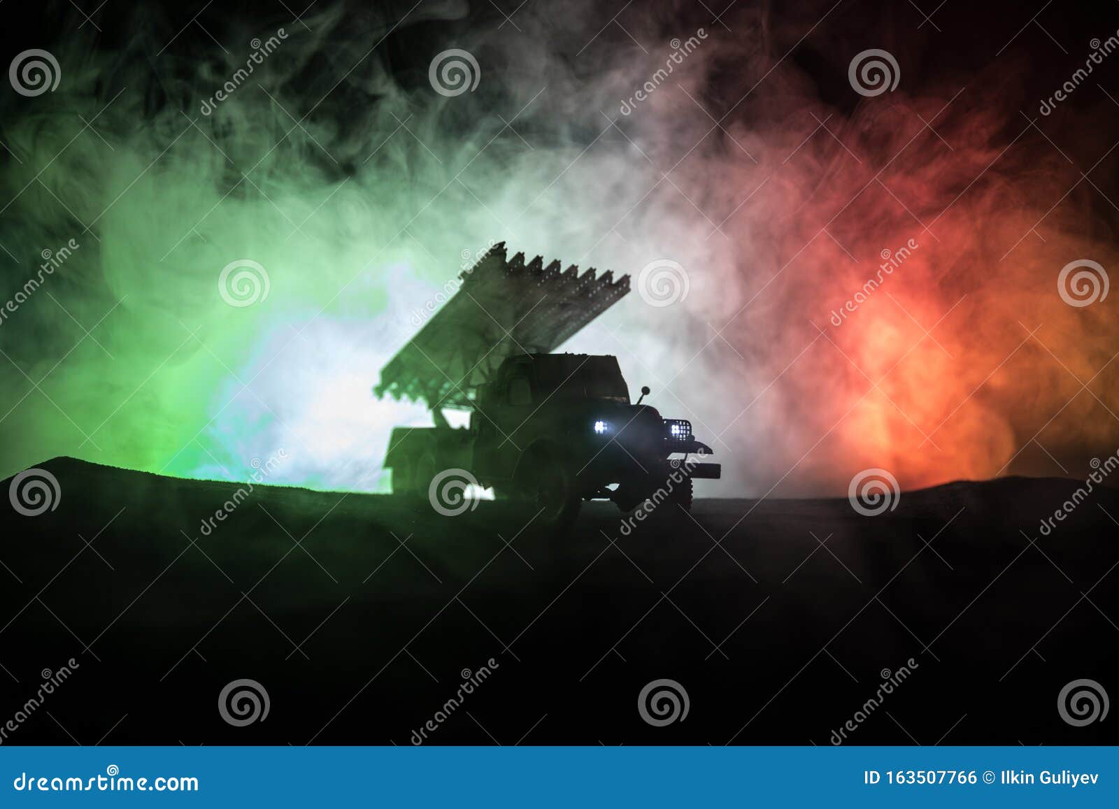 Rocket Launch with Fire Clouds. Battle Scene with Rocket Missiles with ...