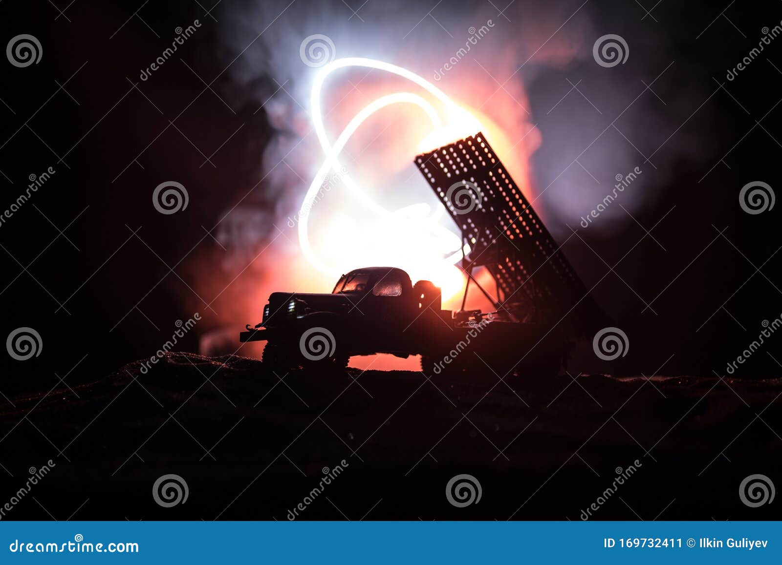Rocket Launch with Fire Clouds. Battle Scene with Rocket Missiles with ...