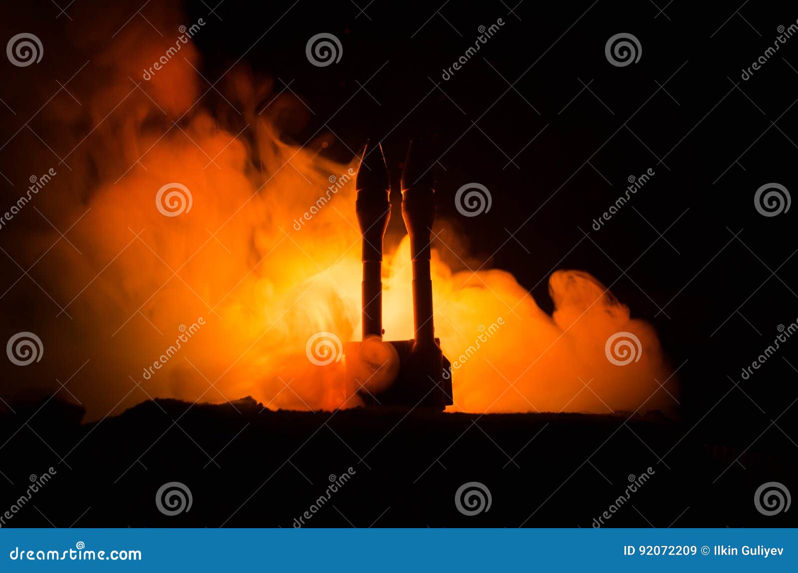 Rocket Launch with Fire Clouds. Nuclear Missiles with Warhead Aimed at ...