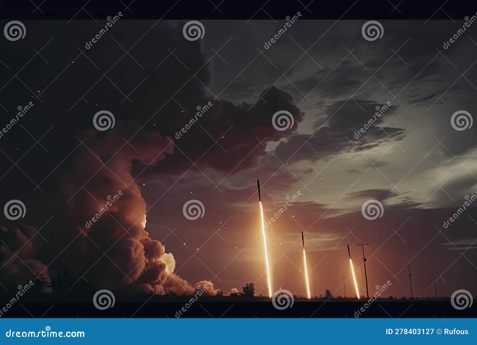 Rocket Launch with Fire Clouds. Nuclear Missiles with Warhead Aimed at ...