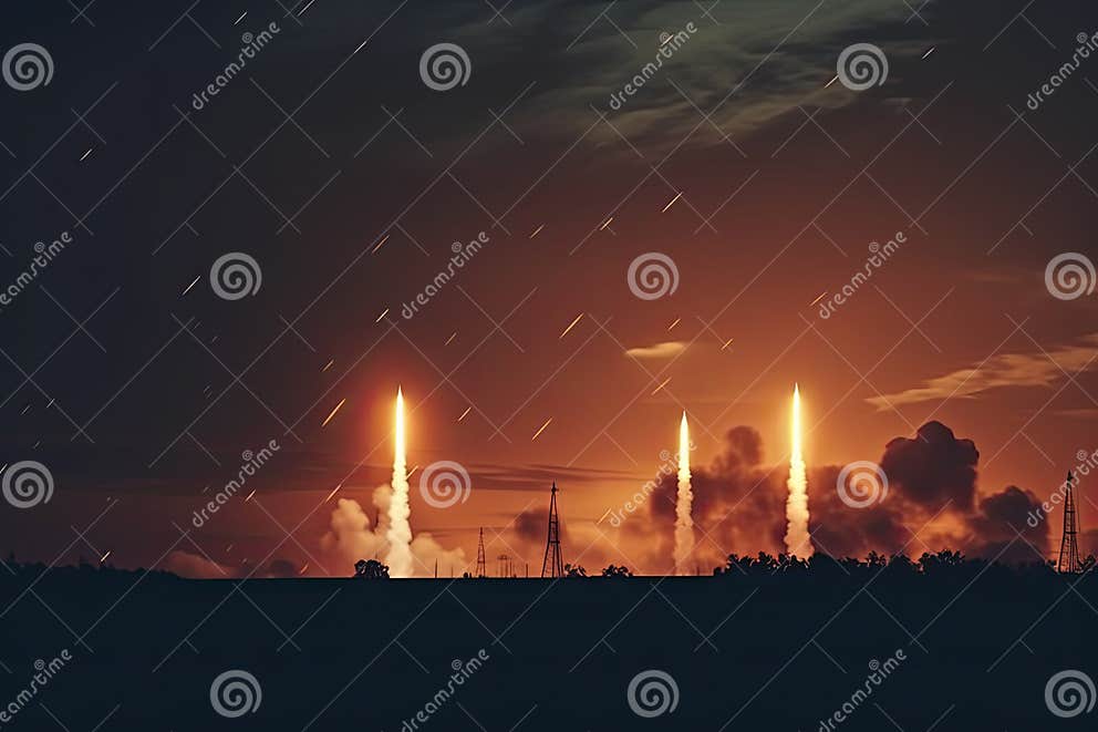 Rocket Launch with Fire Clouds. Nuclear Missiles with Warhead Aimed at ...
