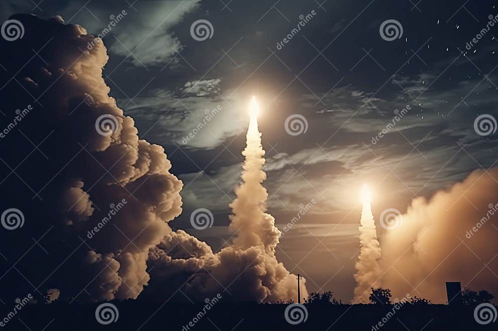 Rocket Launch with Fire Clouds. Nuclear Missiles with Warhead Aimed at ...