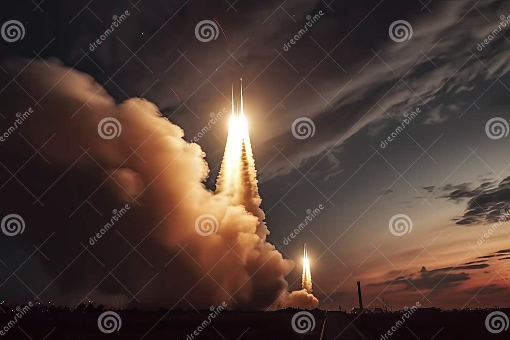 Rocket Launch with Fire Clouds. Nuclear Missiles with Warhead Aimed at ...