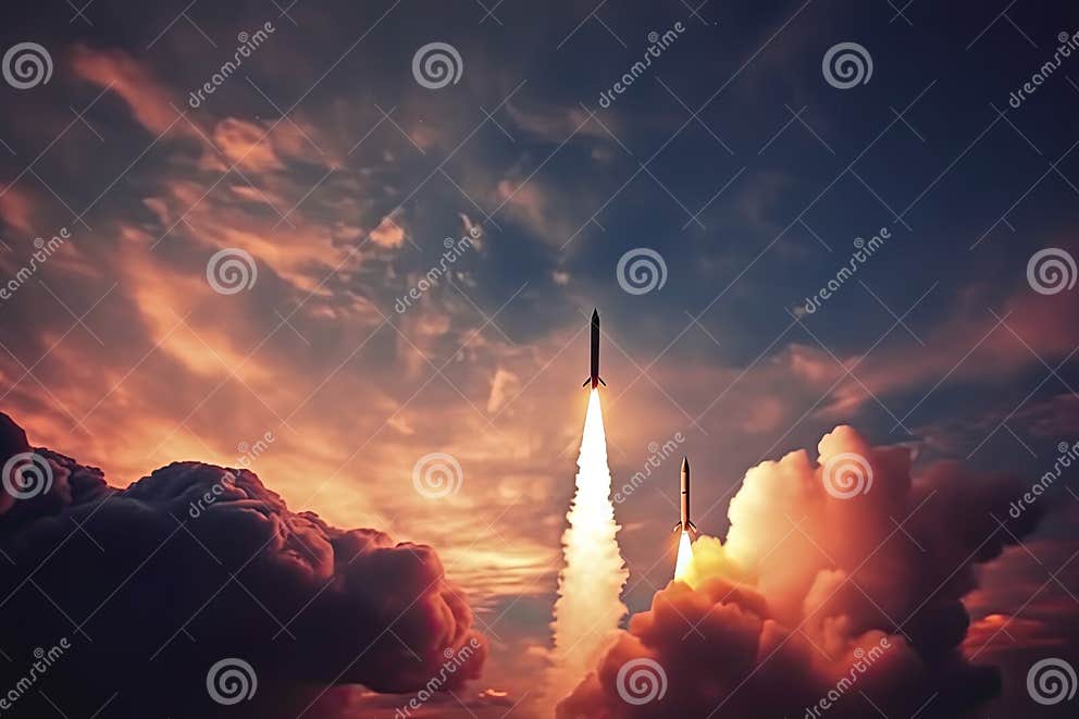 Rocket Launch with Fire Clouds. Nuclear Missiles with Warhead Aimed at ...
