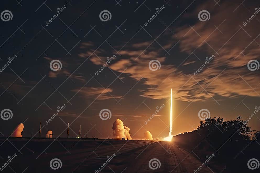 Rocket Launch with Fire Clouds. Nuclear Missiles with Warhead Aimed at ...