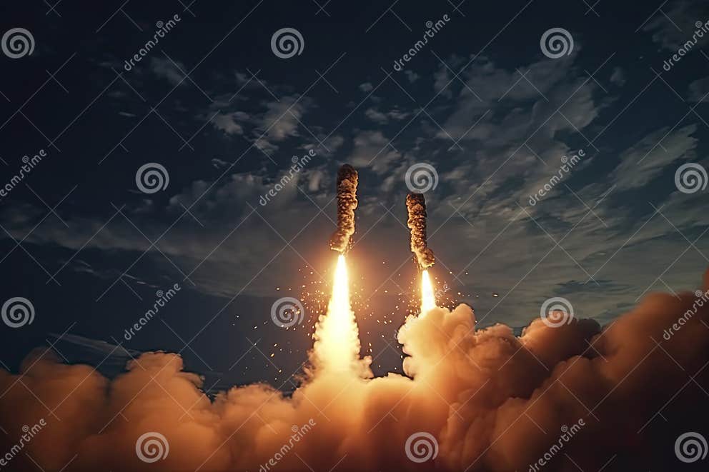 Rocket Launch with Fire Clouds. Nuclear Missiles with Warhead Aimed at ...