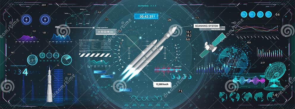 Rocket Launch and Flight, Dashboard, HUD Style Control Center. Set of ...