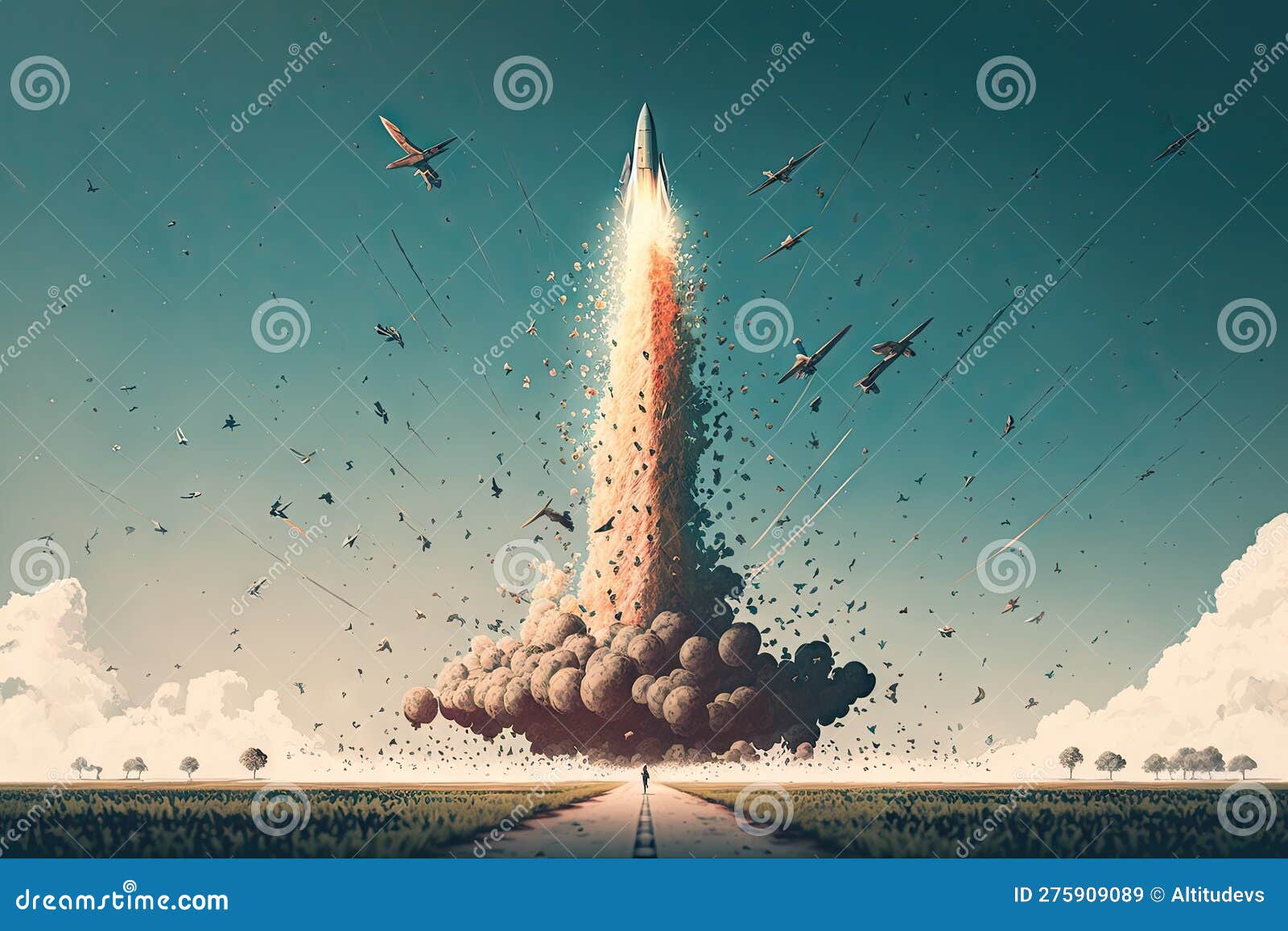 Rocket Launch, with a Flock of Birds in the Sky and on the Ground Stock ...