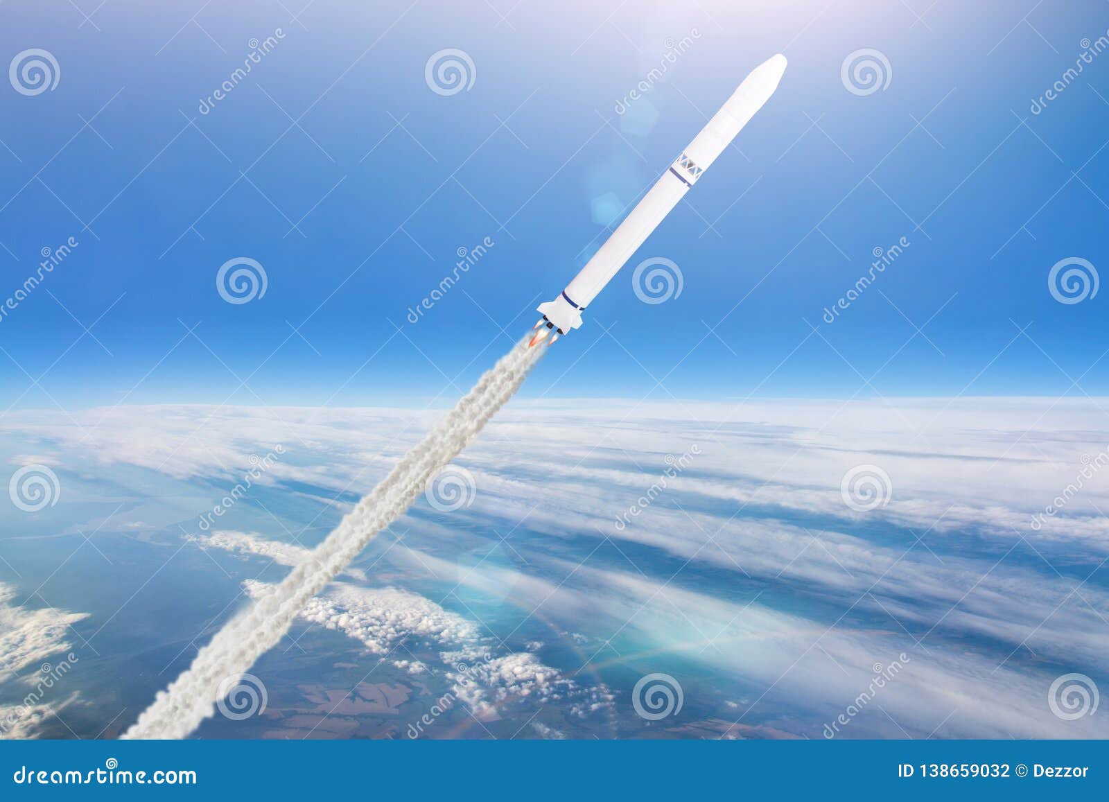 Rocket Launch. Flying a Spaceship Above the Clouds in the Atmosphere of ...