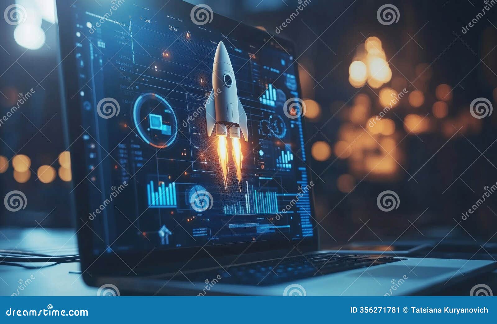 Rocket Launch Graphic on Laptop Screen, Digital Interface with Charts ...