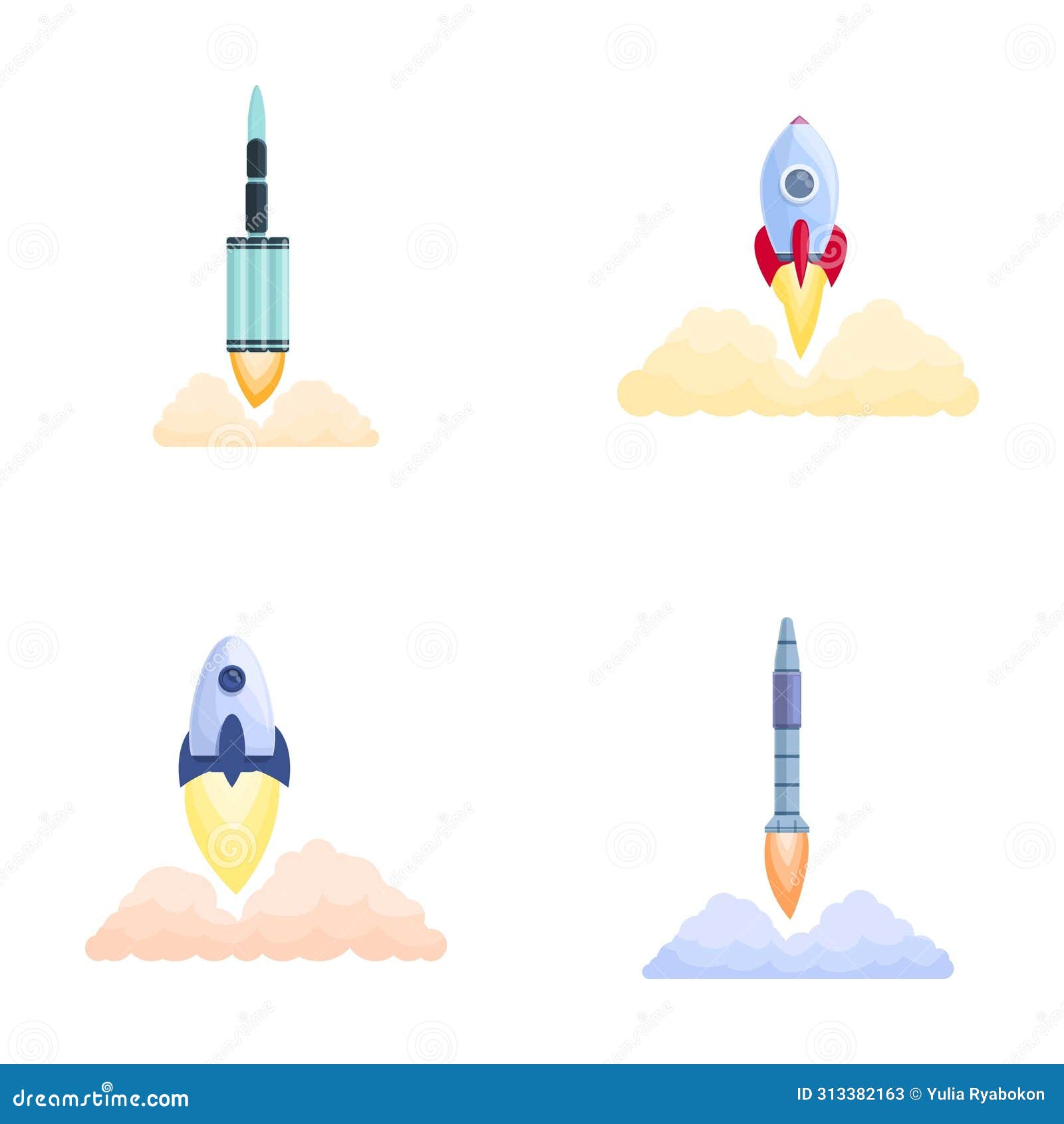Rocket Launch Icons Set Cartoon Vector. Spacecraft Launch and Fire ...