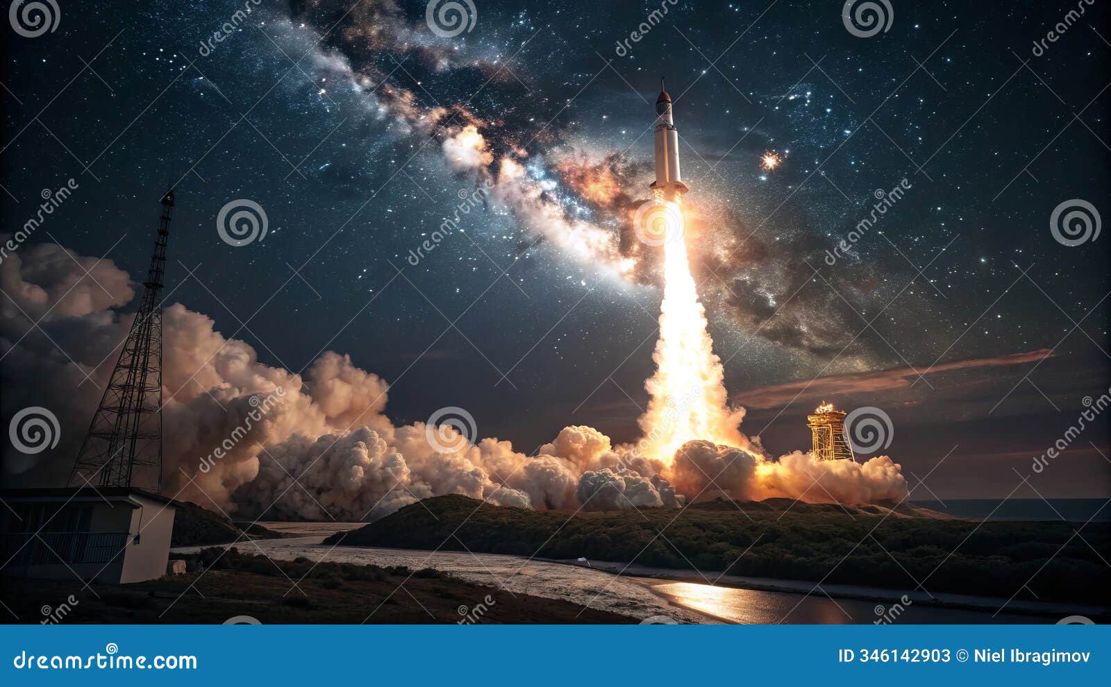 Rocket Launch Illuminates Night Sky with Milky Way in Majestic Cosmic ...