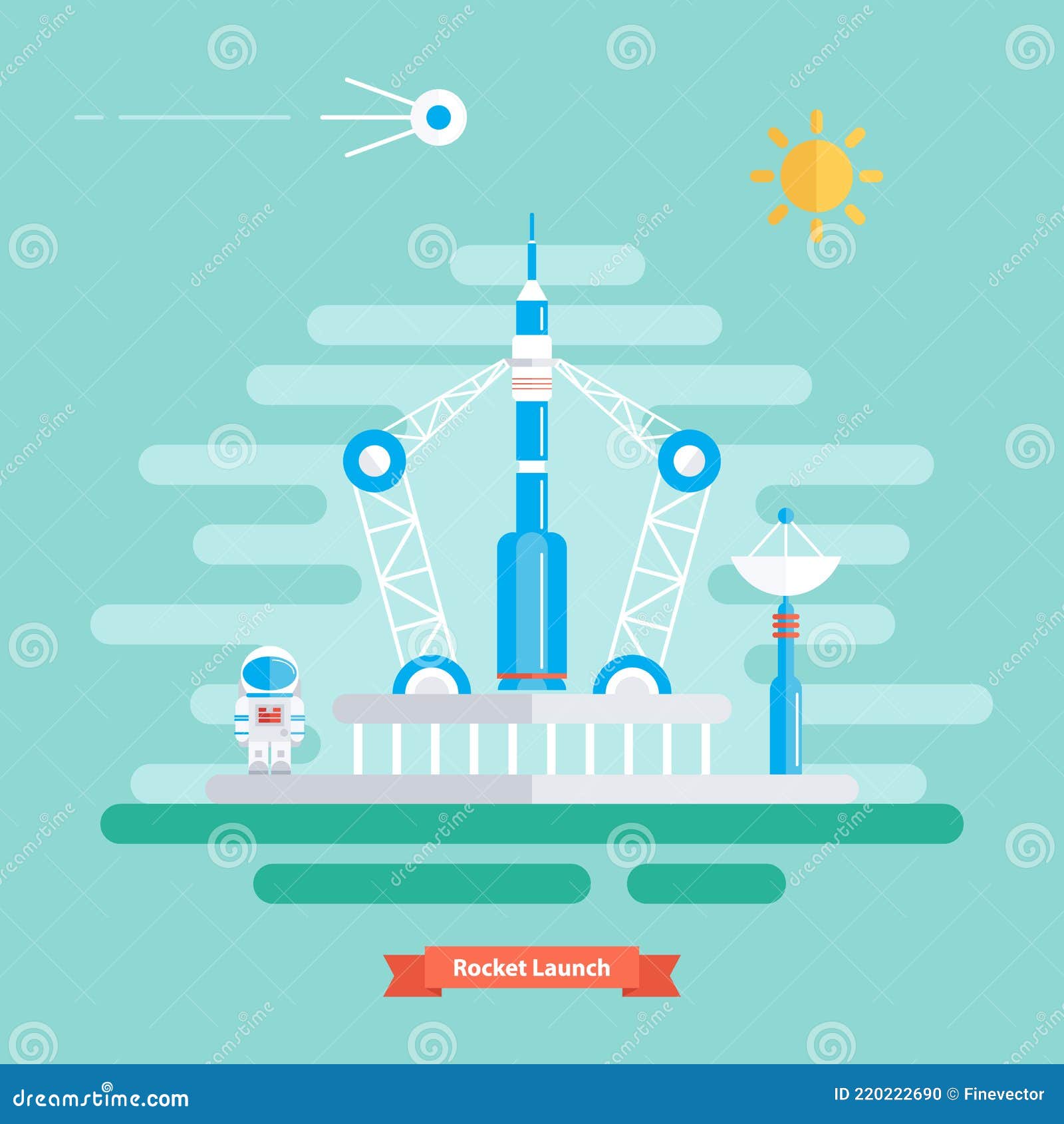 Rocket Launch. Landscape with Rocket, Spaceman and Satellite. Sunny Day ...
