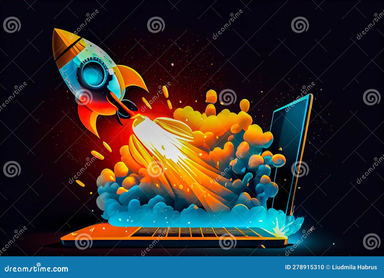 Rocket Launch from the Laptop. Start Up Business Concept Stock ...
