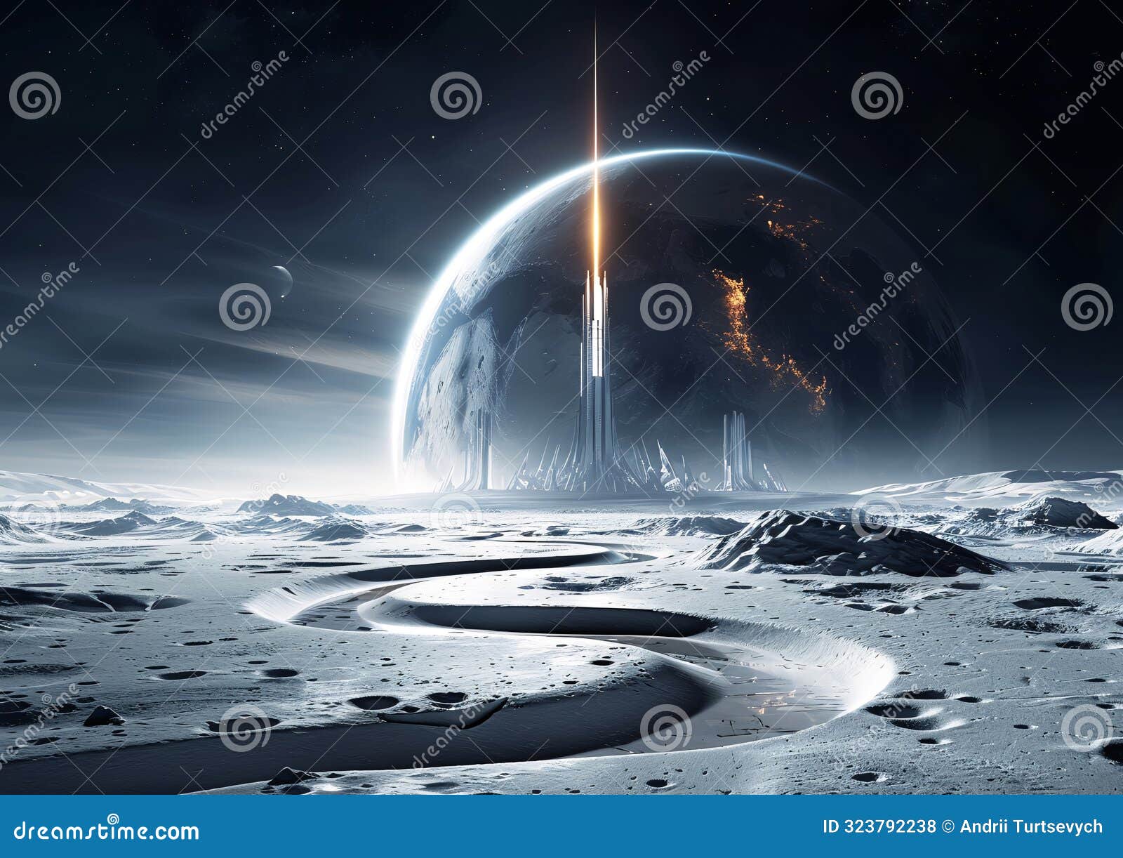 Rocket Launch on Moons Surface with Earth in Background during Night ...