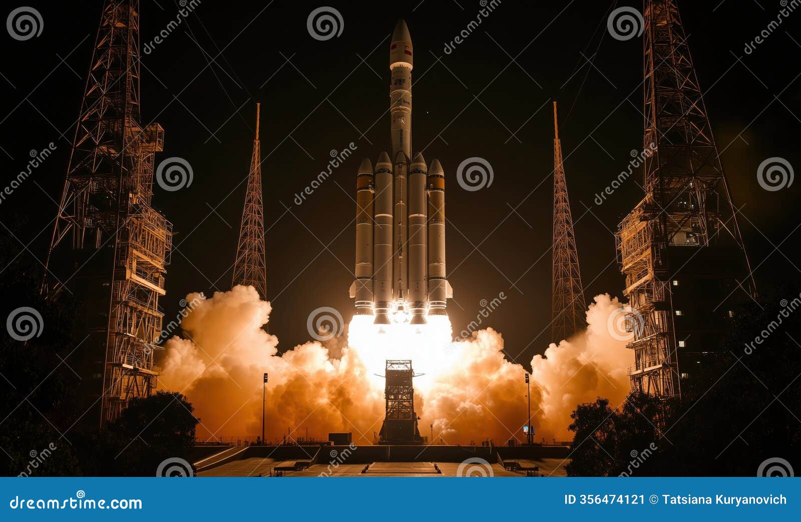 Rocket Launch at Night with Bright Flames and Smoke, Towering Launch ...