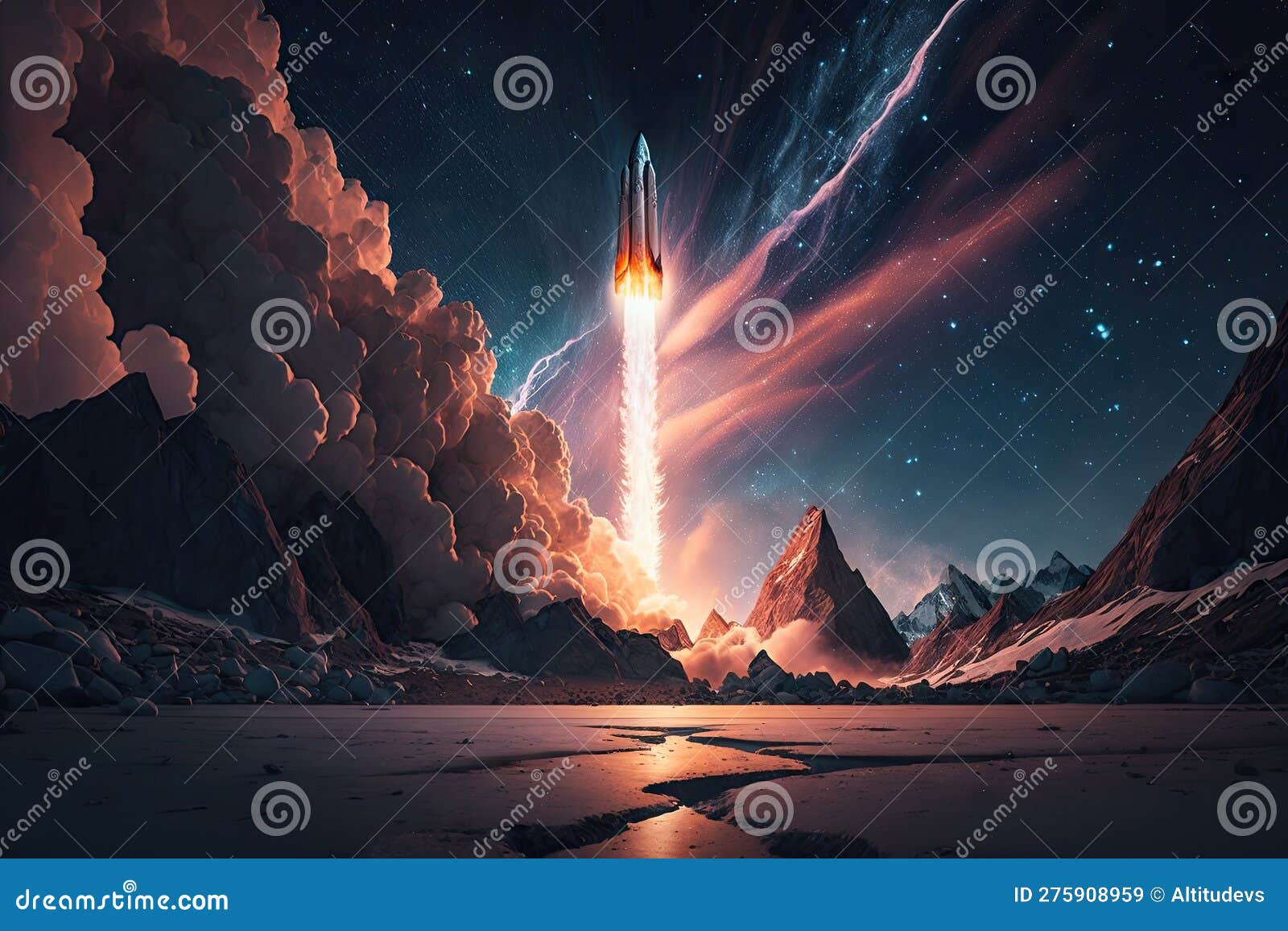 Rocket Launch into the Night Sky, with Stars Shining Above Stock ...