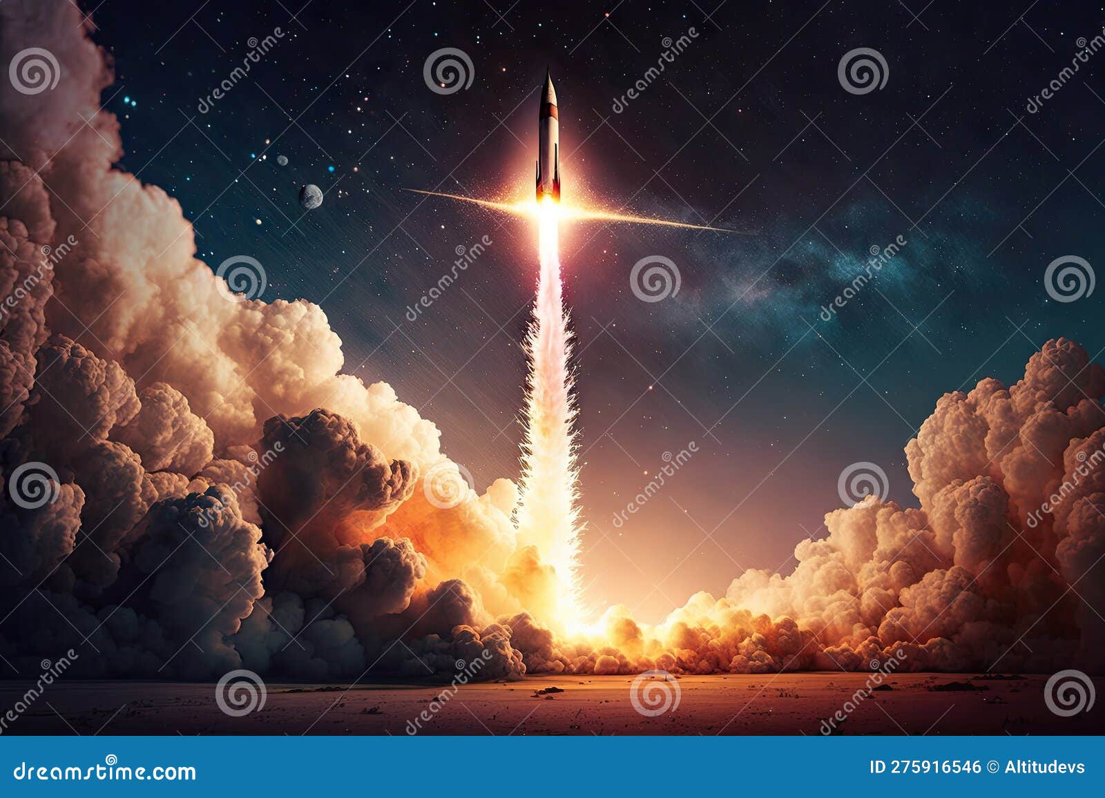 Rocket Launch into the Night Sky, with Stars Shining Above Stock ...