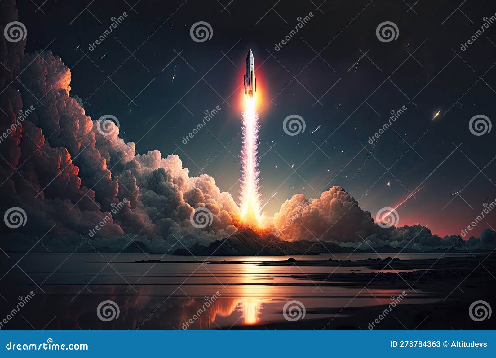 Rocket Launch into the Night Sky, with Stars Shining Above Stock ...
