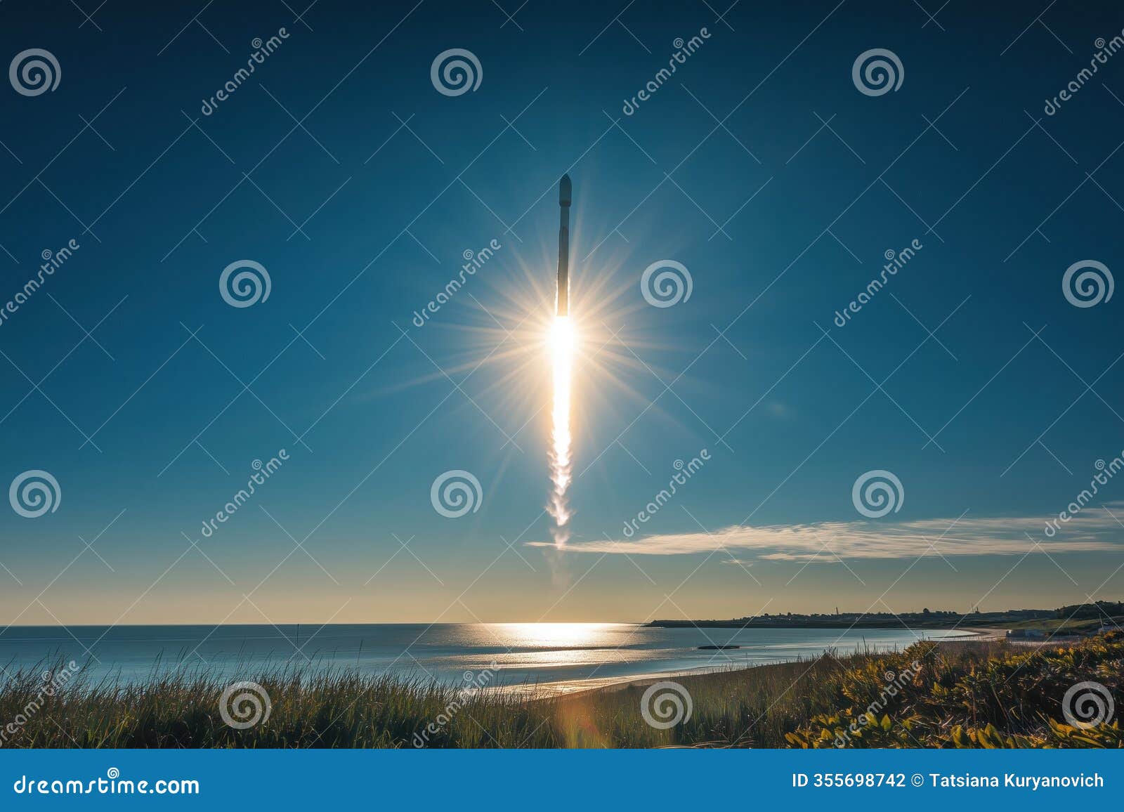Rocket Launch Over Ocean at Sunset, Bright Sun Rays, Clear Sky Stock ...