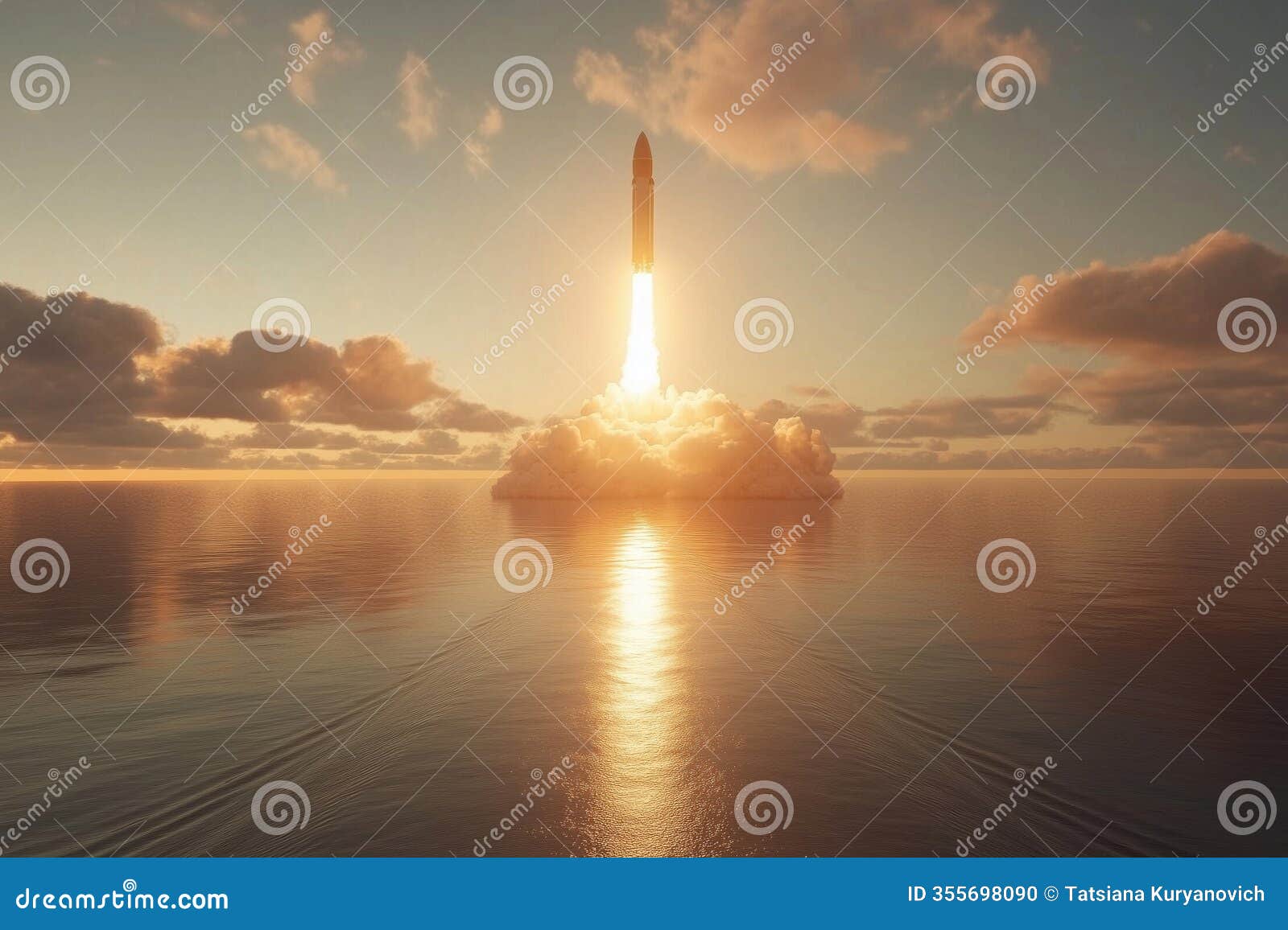 Rocket Launch Over Ocean at Sunset, Dramatic Clouds, Reflection on ...