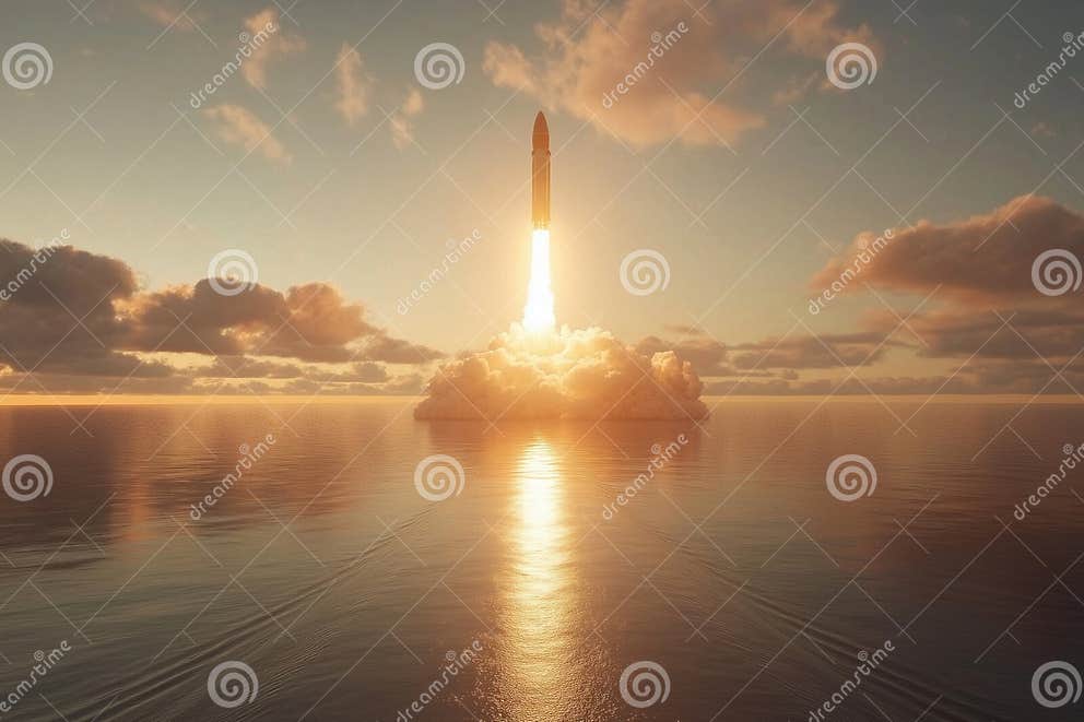 Rocket Launch Over Ocean at Sunset, Dramatic Clouds, Reflection on ...