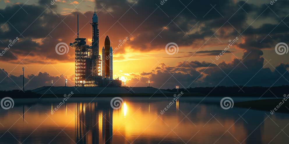 Rocket Launch Pad at Sunset, Reflecting in Water, Dramatic Clouds Stock ...