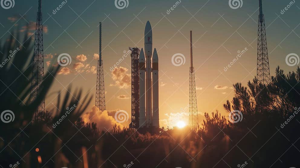 Rocket Launch Pad at Sunset, Towering Rocket Ready for Launch ...