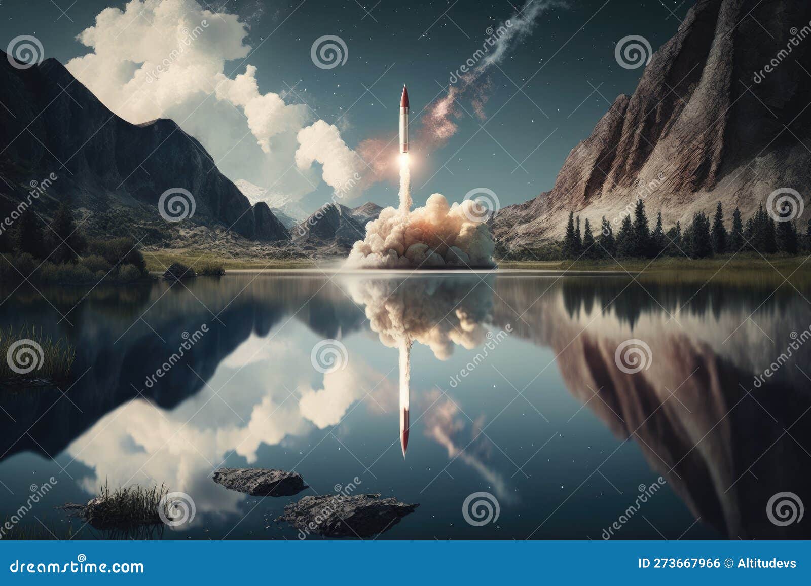 Rocket Launch from Peaceful Lake, with Reflection on the Water Stock ...