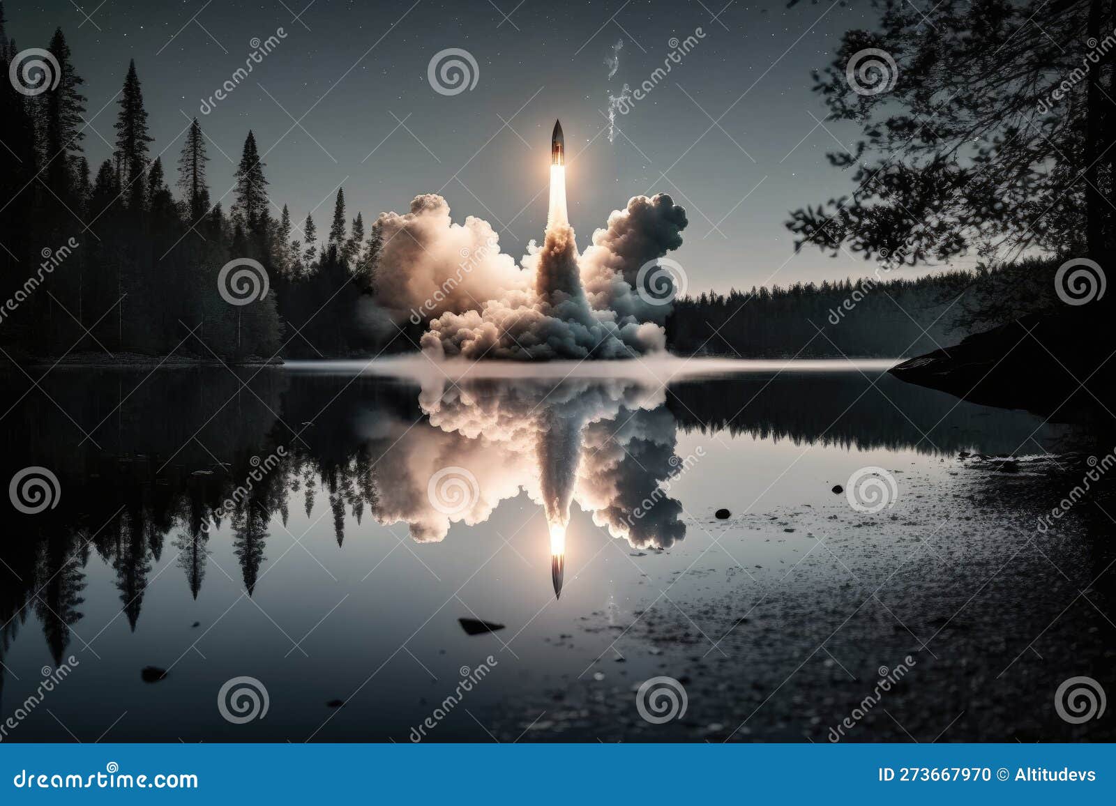Rocket Launch from Peaceful Lake, with Reflection on the Water Stock ...