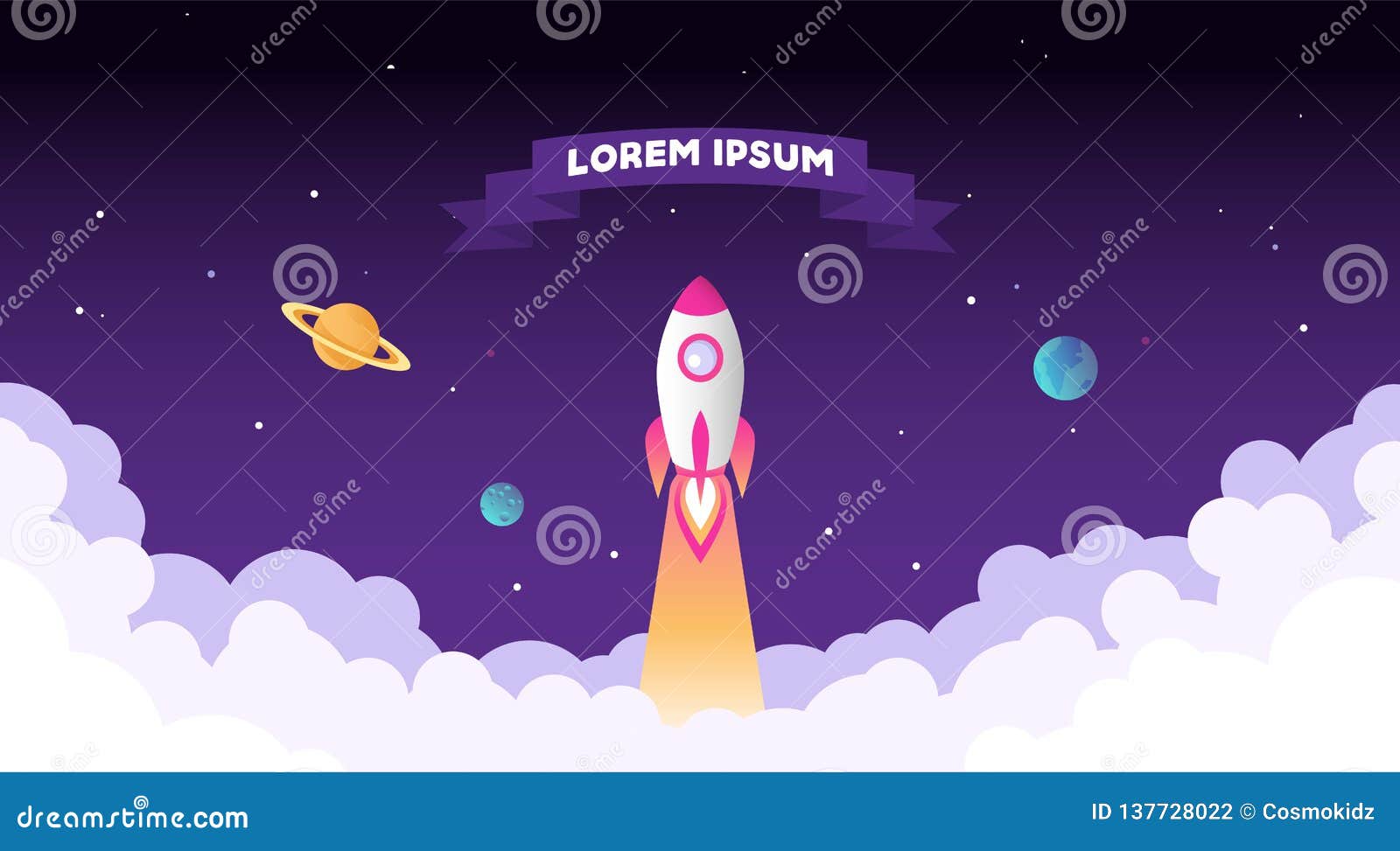 Rocket Launch, Planets, Clouds, Ribbon for Text. Vector Illustration ...