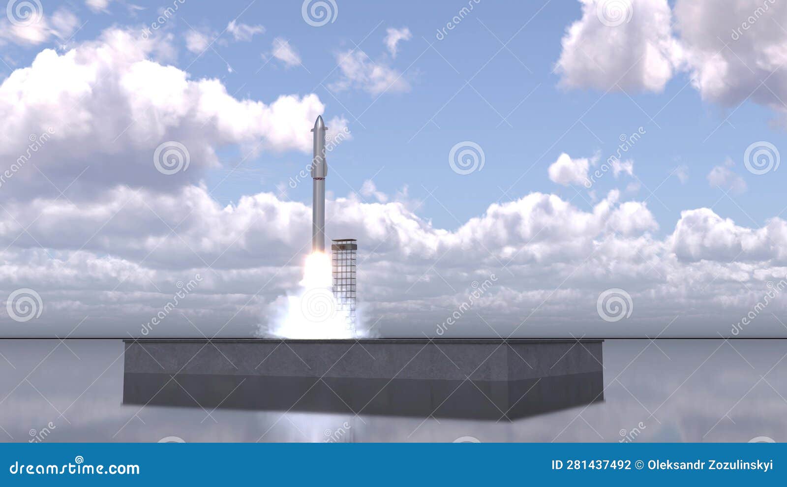 Rocket Launch from a Platform on the Water 3d Stock Illustration ...