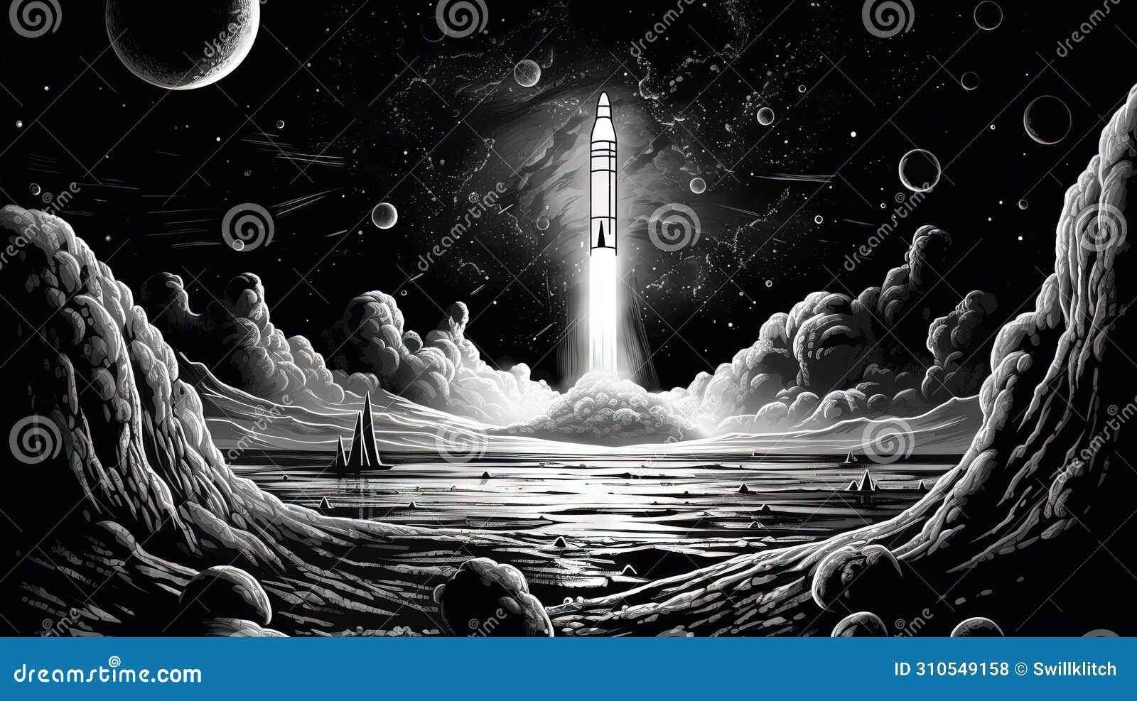 Rocket Launch Scene in Retro Black and White Style. Rocket Take Off ...