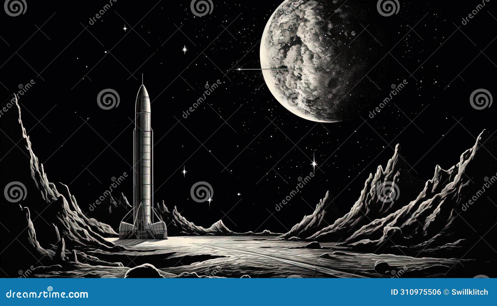 Rocket Launch Scene in Retro Black and White Style. Rocket Take Off ...