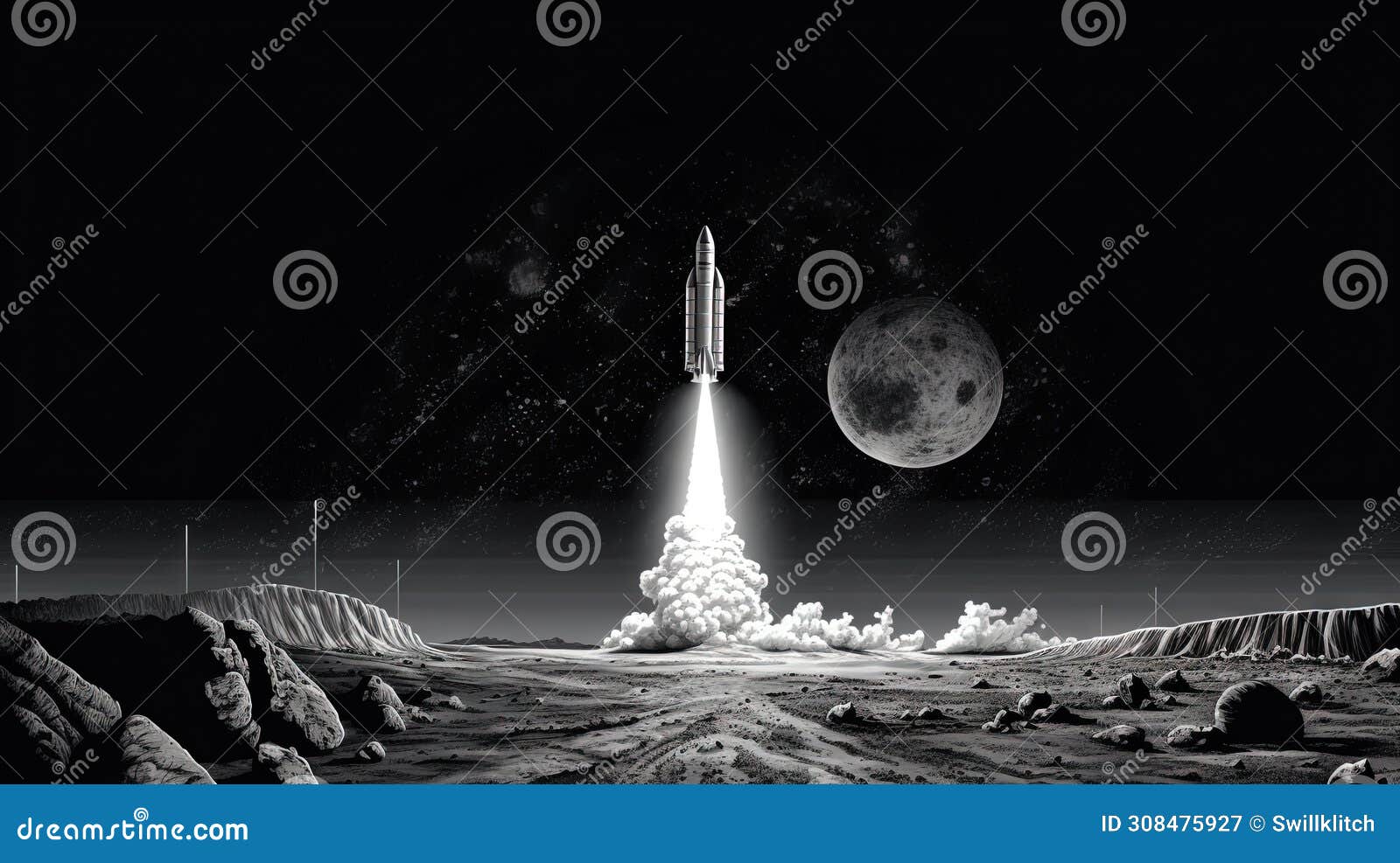 Rocket Launch Scene in Retro Black and White Style. Rocket Take Off ...