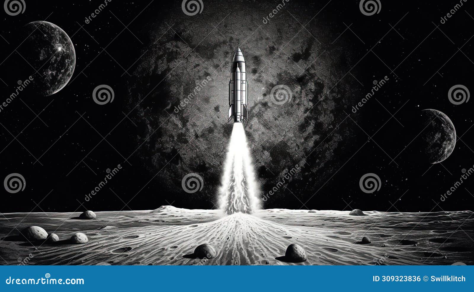 Rocket Launch Scene in Retro Black and White Style. Rocket Take Off ...