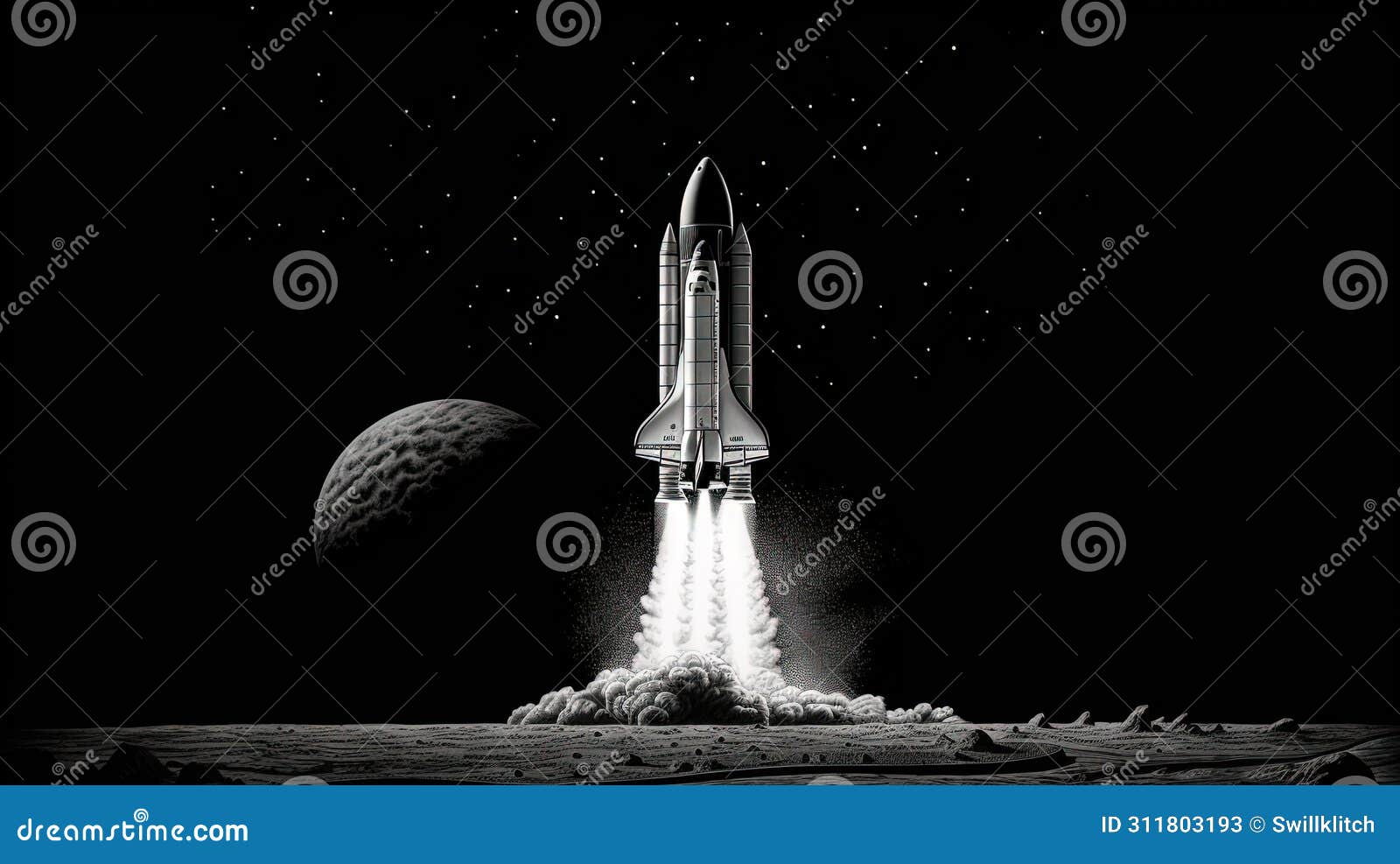 Rocket Launch Scene in Retro Black and White Style. Rocket Take Off ...